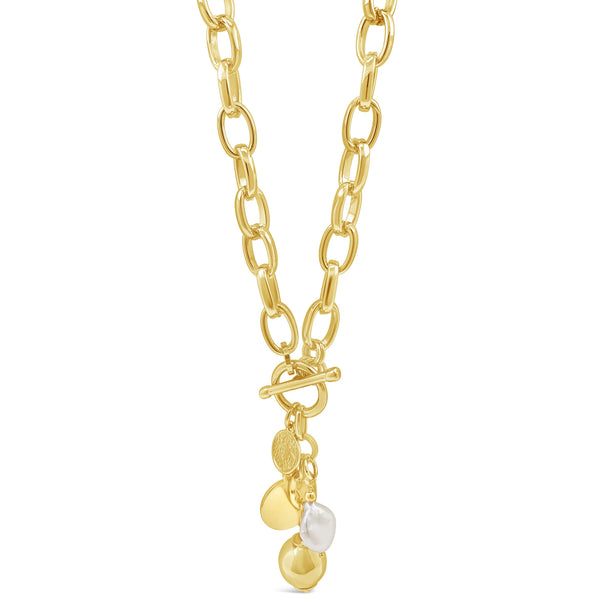 Absolute Gold Sphere And Pearl T Bar Necklace