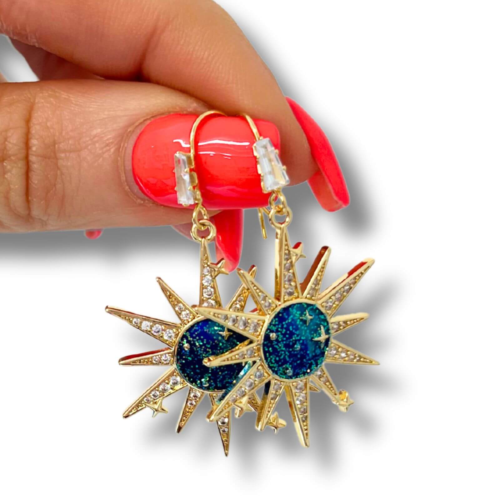 Angela D'Arcy Gold Blue Celestial Star Burst Earrings