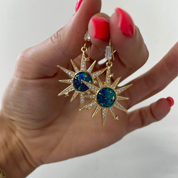 Angela D'Arcy Gold Blue Celestial Star Burst Earrings