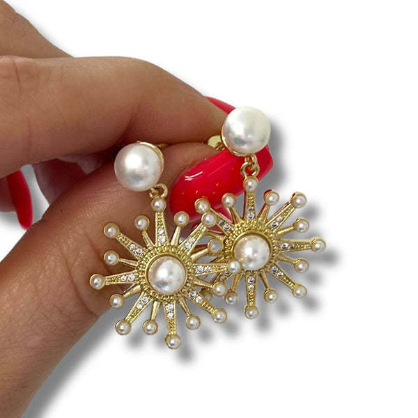 Angela D'Arcy Gold Double Pearl Burst Earrings