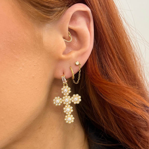 Angela D'Arcy Gold Large Cross Pearl Drop Earrings – Bejeweled At Soul