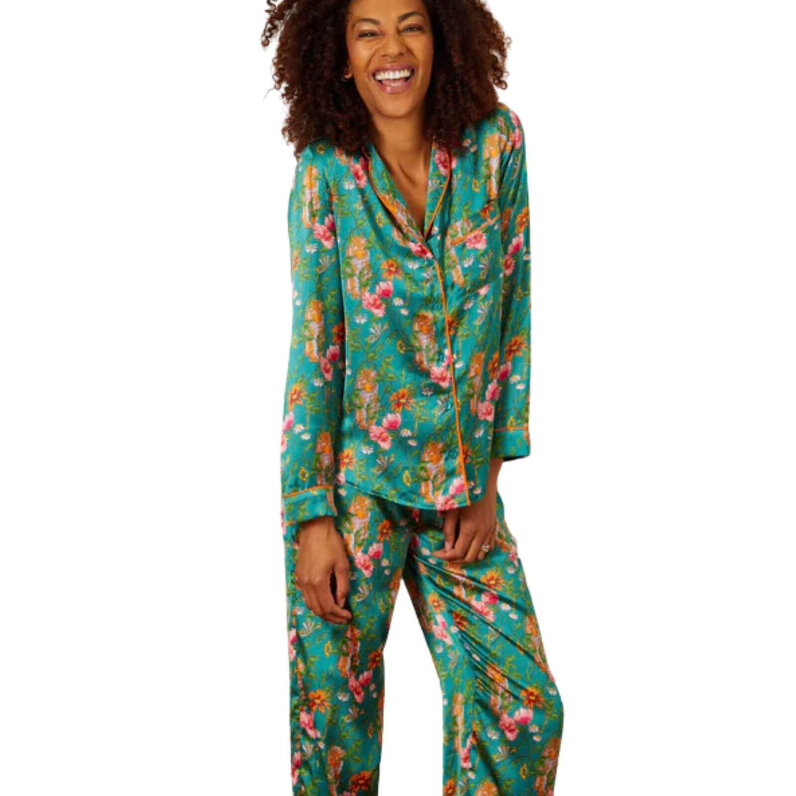 Their Nibs Satin Long Leg Pyjamas - Teal Secret Garden