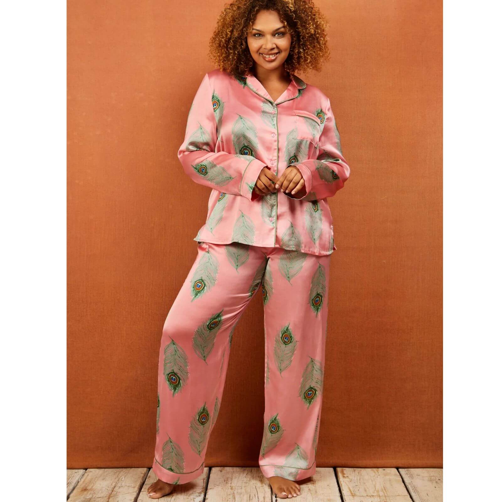 Their Nibs Satin Traditional Pyjamas - Pink Peacock Feather